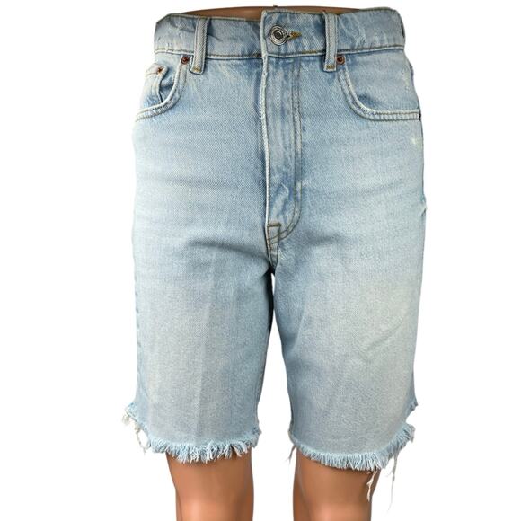 Zara | Shorts | Zara 9s Bermuda Blue Light Wash High Waist Raw Frayed ...